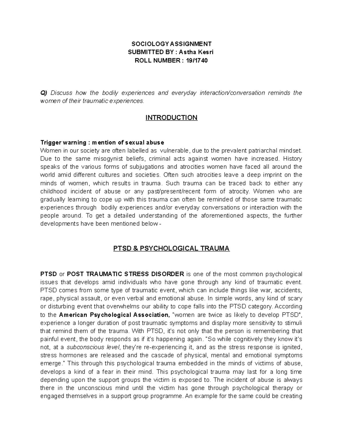 Astha Sociology Assignment - SOCIOLOGY ASSIGNMENT SUBMITTED BY : Astha Kesri ROLL NUMBER : 19/ Q ...