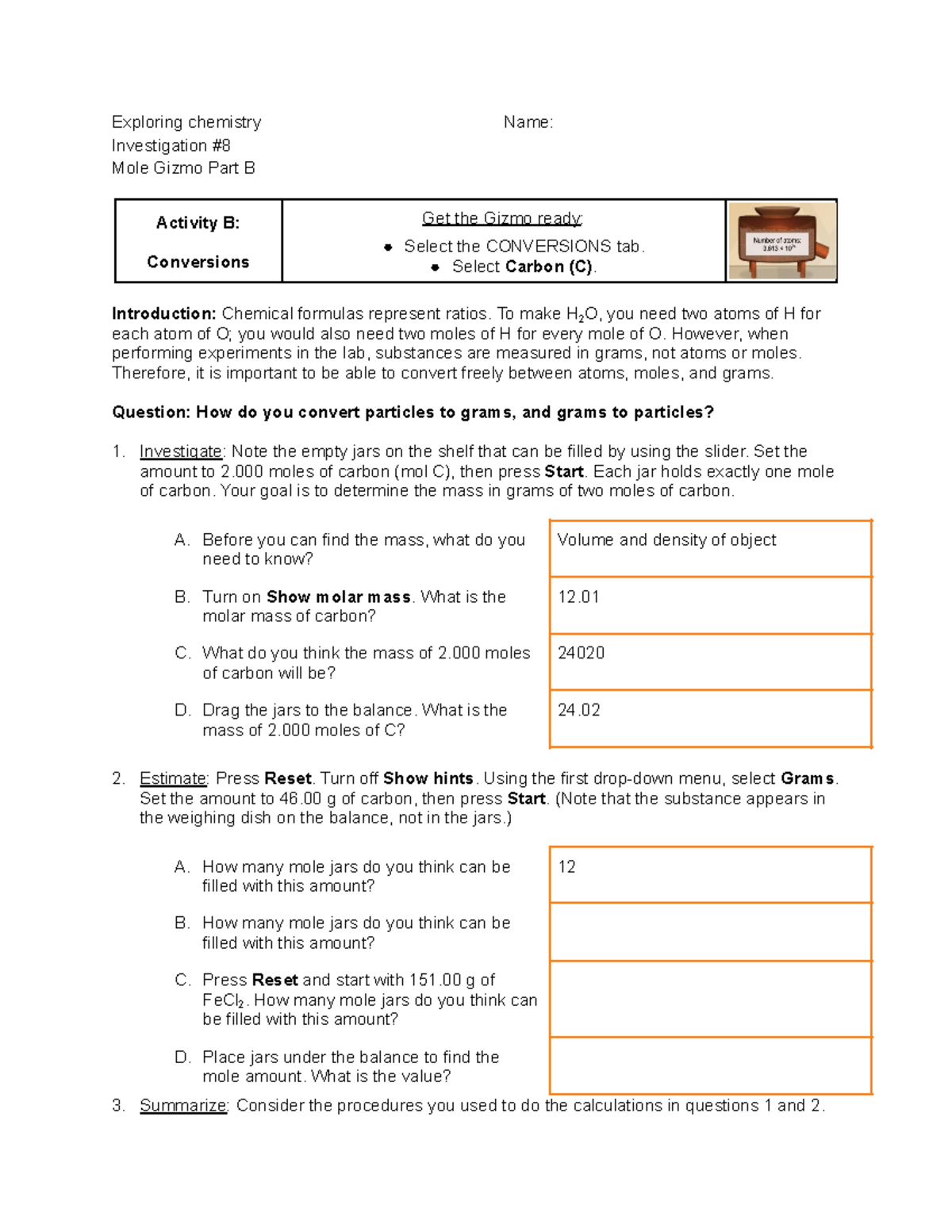 Jazzlene Garcia - Moles and Mass Part B - Exploring chemistry Name ...