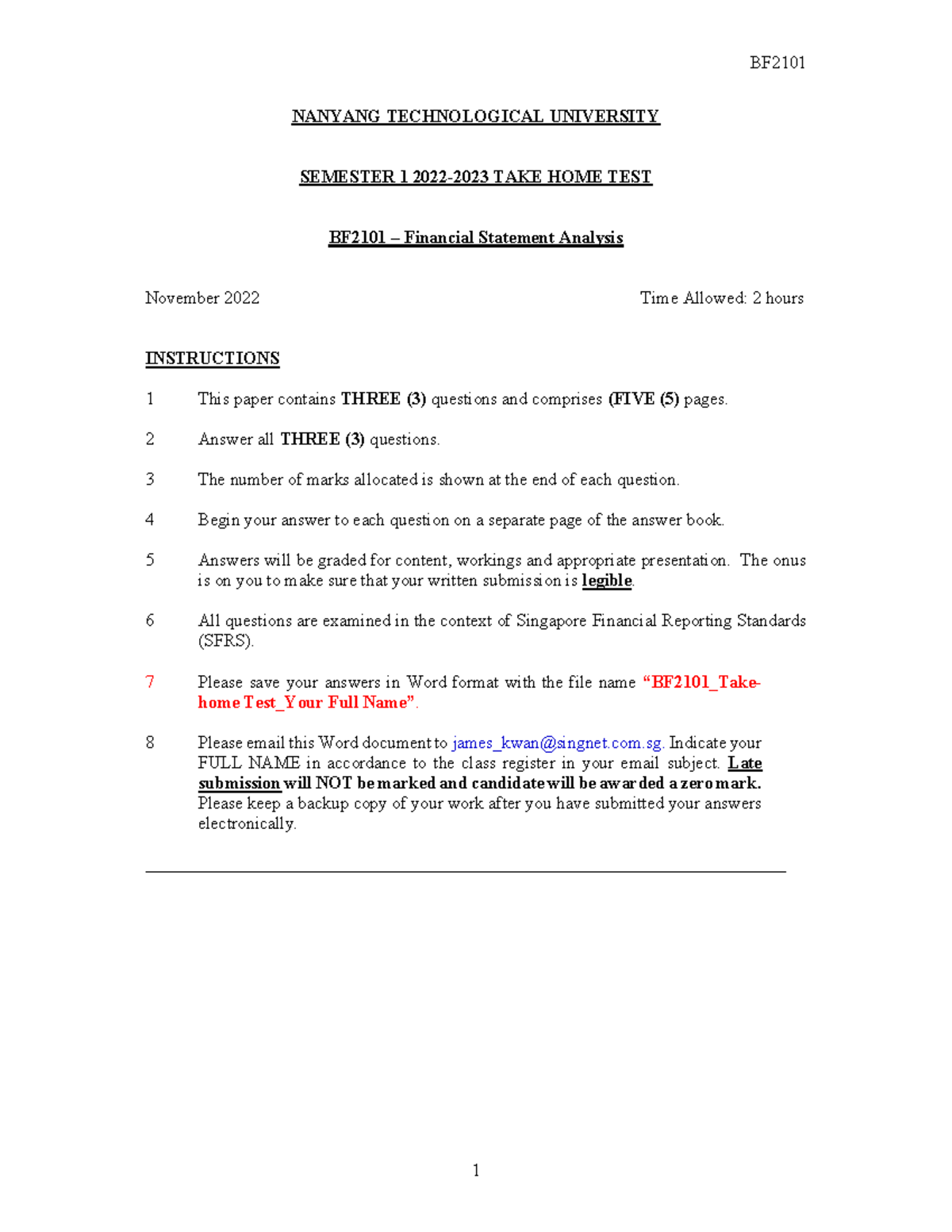 BF2101 Take-home Test Questions Nov 2022 - NANYANG TECHNOLOGICAL ...