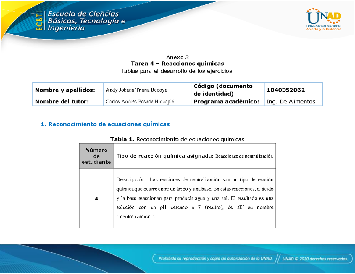 Anexo 3 -Tarea 4 - ninguno - Anexo 3 Tarea 4 – Reacciones químicas Tablas para el desarrollo de ...