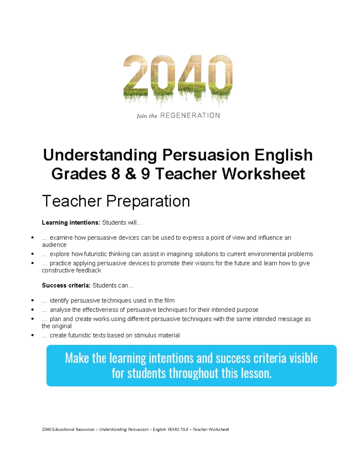 2040 Understanding Persuasion English Grades 8-9 Teacher Worksheet US ...