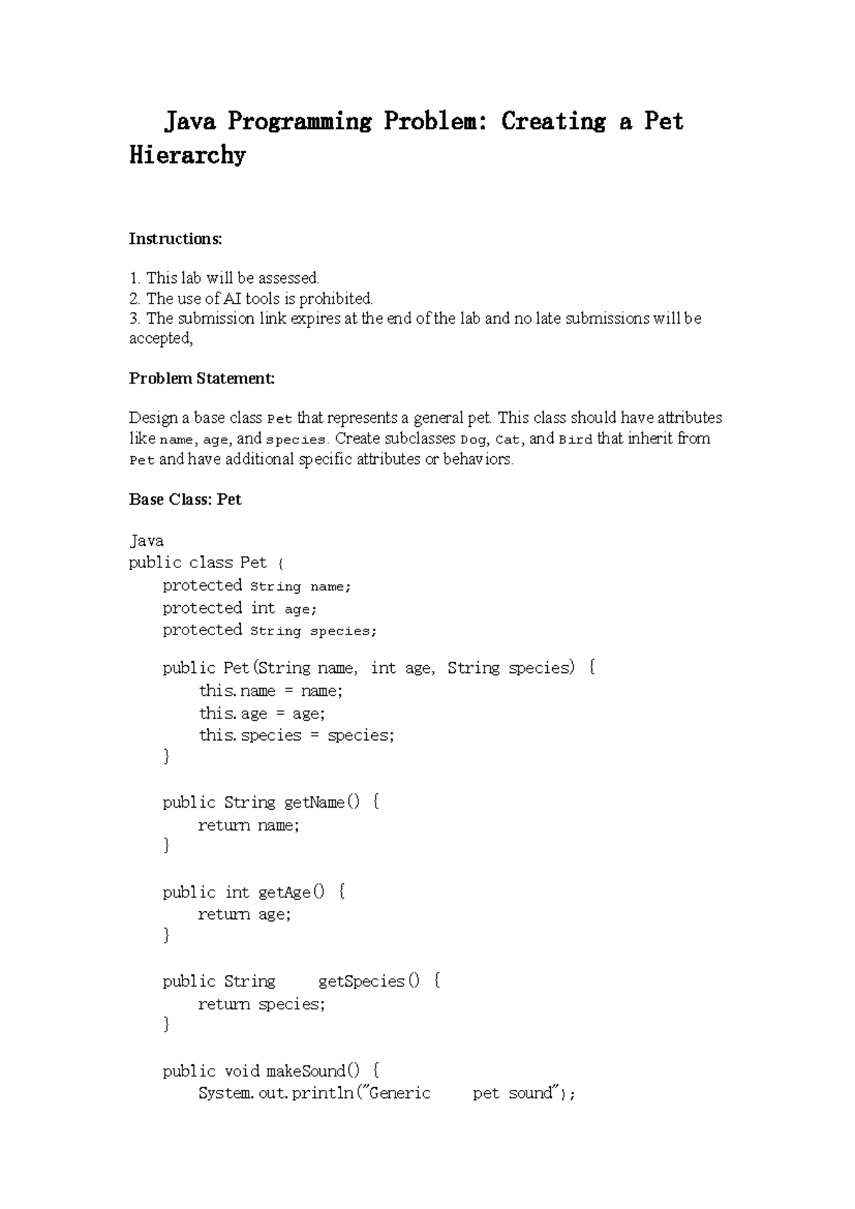 Java Programming Problem This Lab Will Be Assessed 2 The Use Of Ai