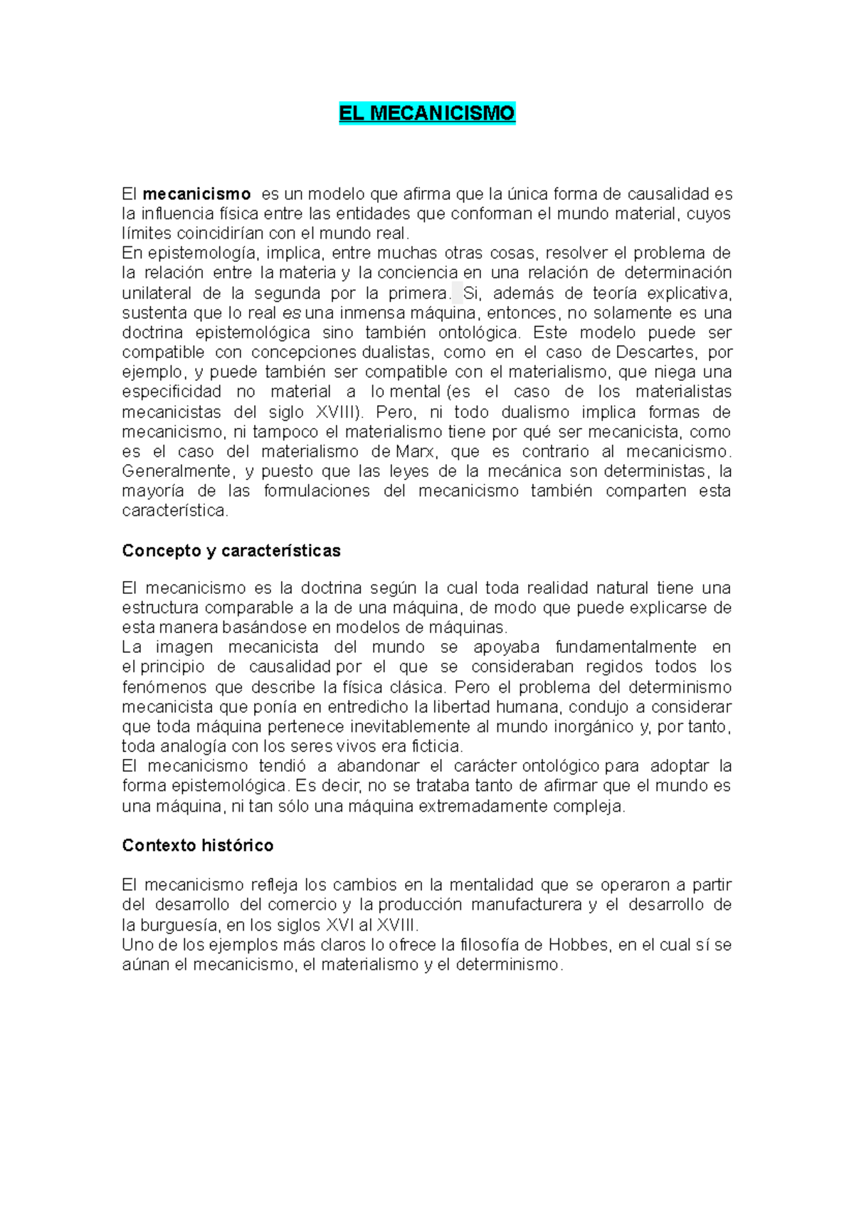 Resumen sobre Mecanicismo - EL MECANICISMO - Studocu