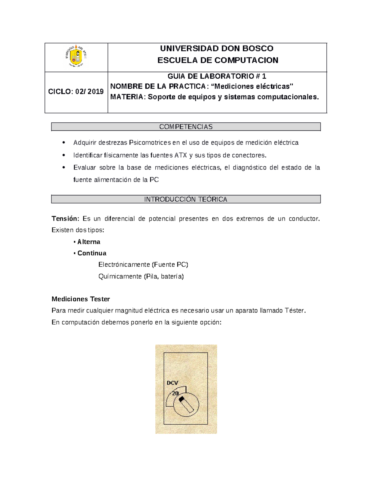 Guia 1 Guia Mediciones Eléctricas Universidad Don Bosco Escuela De