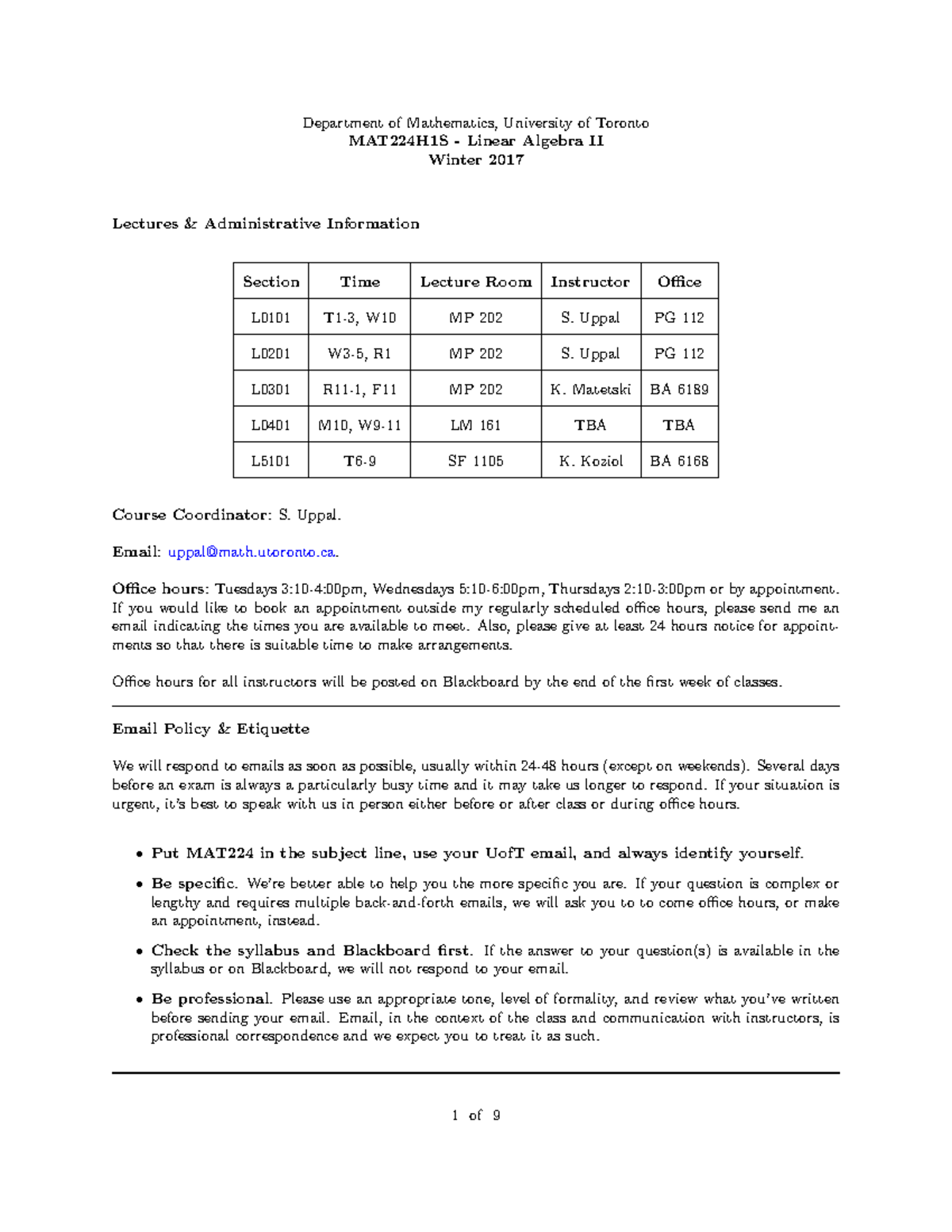 Mat224syl2 - Department of Mathematics, University of Toronto MAT224H1S ...