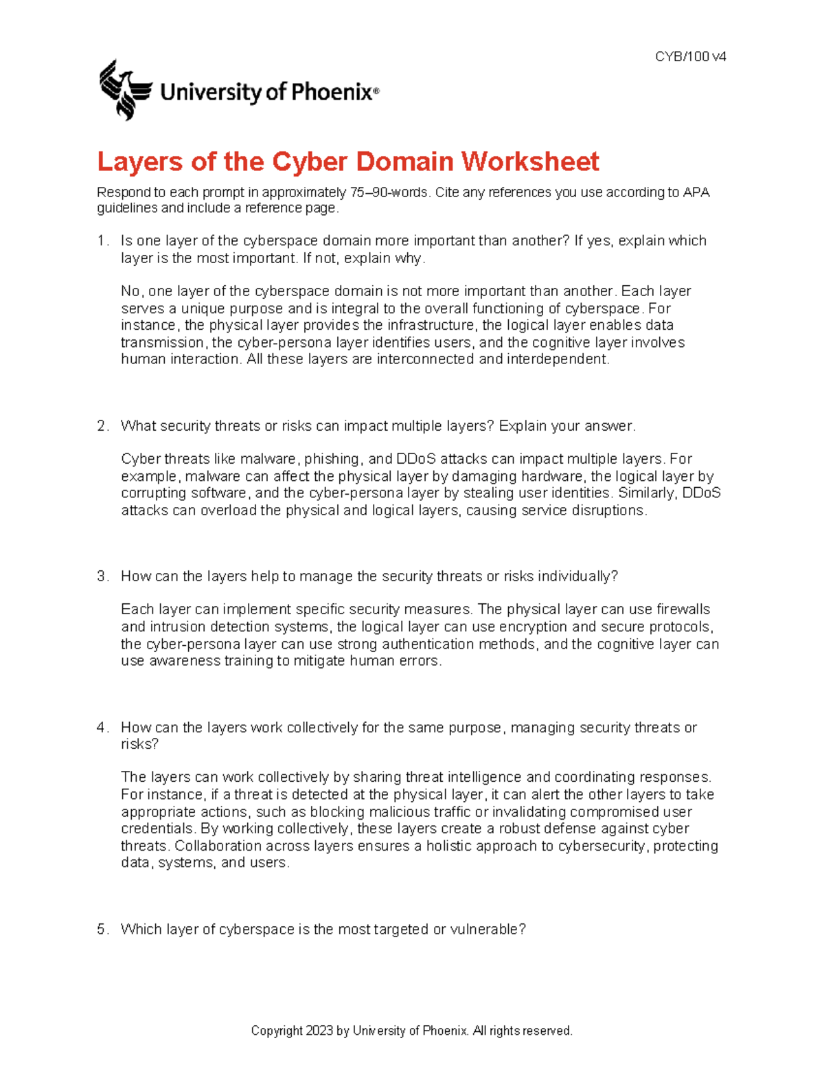 Cyb100 v4 wk2 SA worksheet complete - CYB/100 v Layers of the Cyber ...