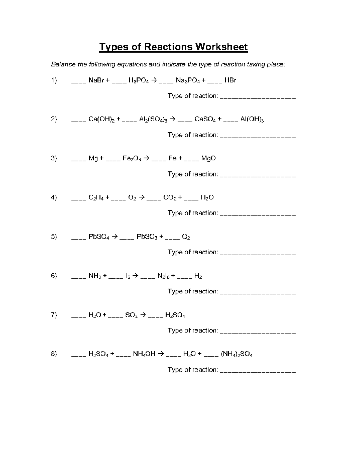 Types of Reactions Worksheet - Types of Reactions Worksheet Balance the ...