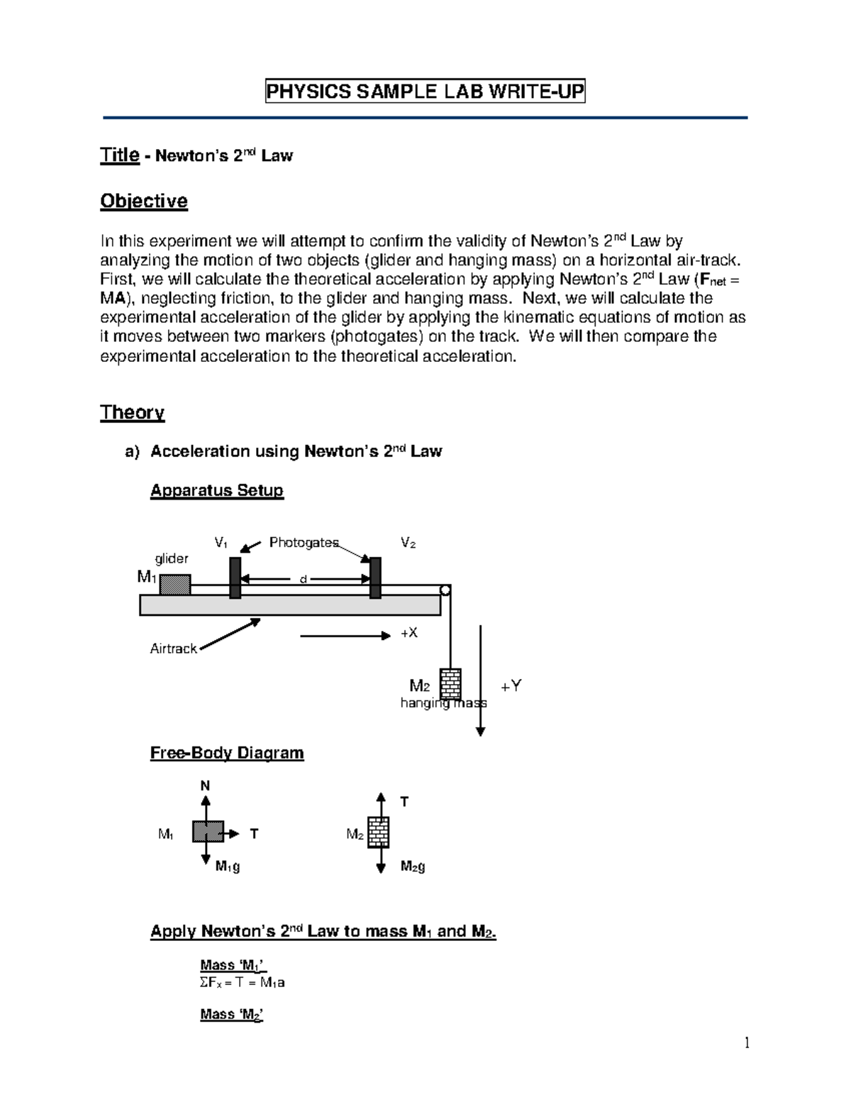 Lab Report about the 2nd law of newton - PHYSICS SAMPLE LAB WRITE-UP ...