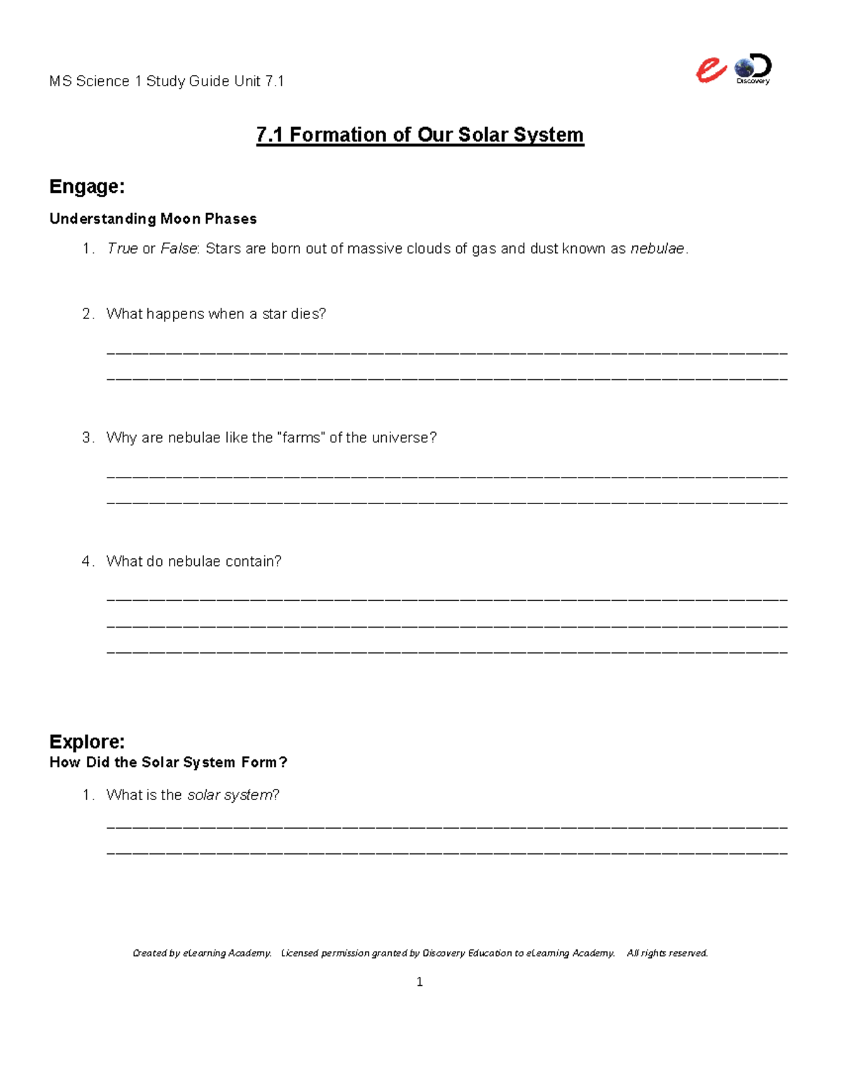 7.1 Science 6 Study Guide 7.1 Formation of Our Solar System - Created ...