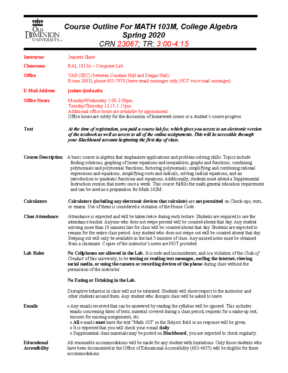 103 TR 300 syllabus SP 20 - Course Outline For MATH 103M, College ...