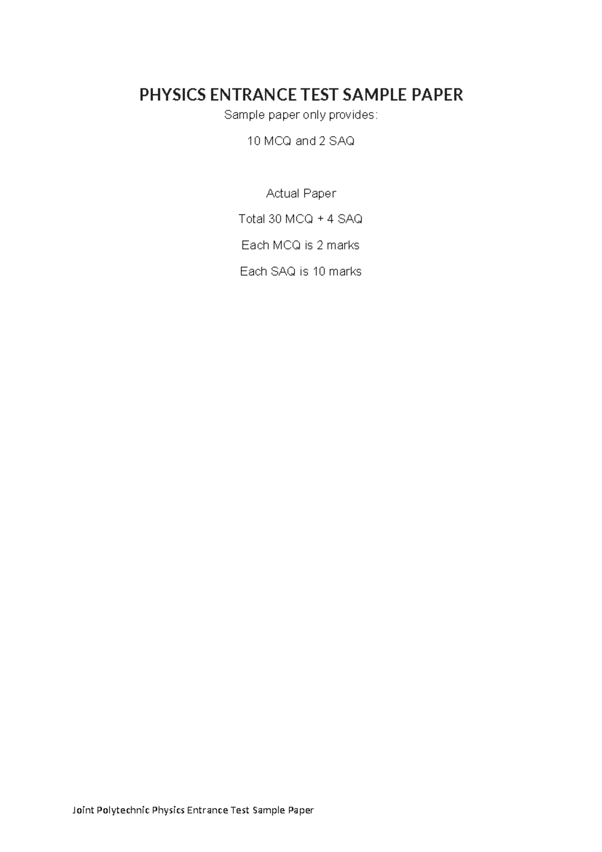 NYP Physics entrance sample paper - PHYSICS ENTRANCE TEST SAMPLE PAPER ...