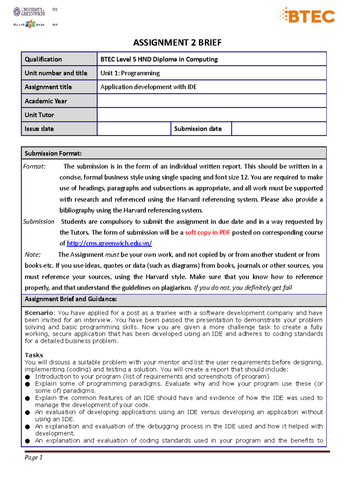 Unit 1 - Assignment brief 2 - ASSIGNMENT 2 BRIEF Qualification BTEC ...