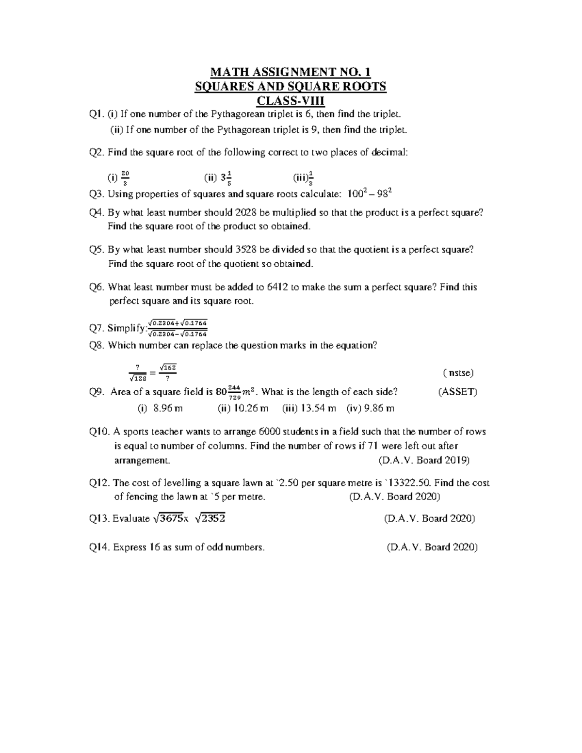Cls-8 math12 - Useful Notes - MATH ASSIGNMENT NO. 1 SQUARES AND SQUARE ...