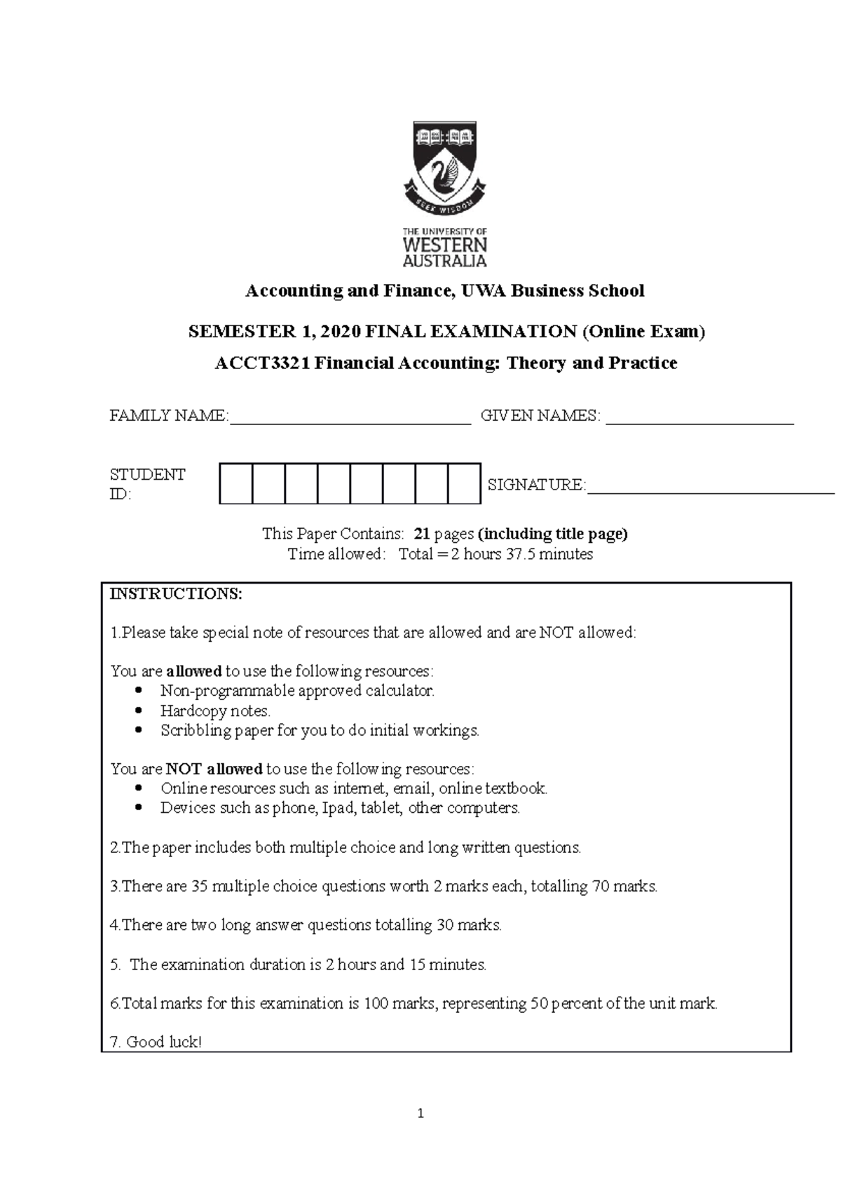 ACCT3321 exam 2020 Question - Accounting and Finance, UWA Business ...