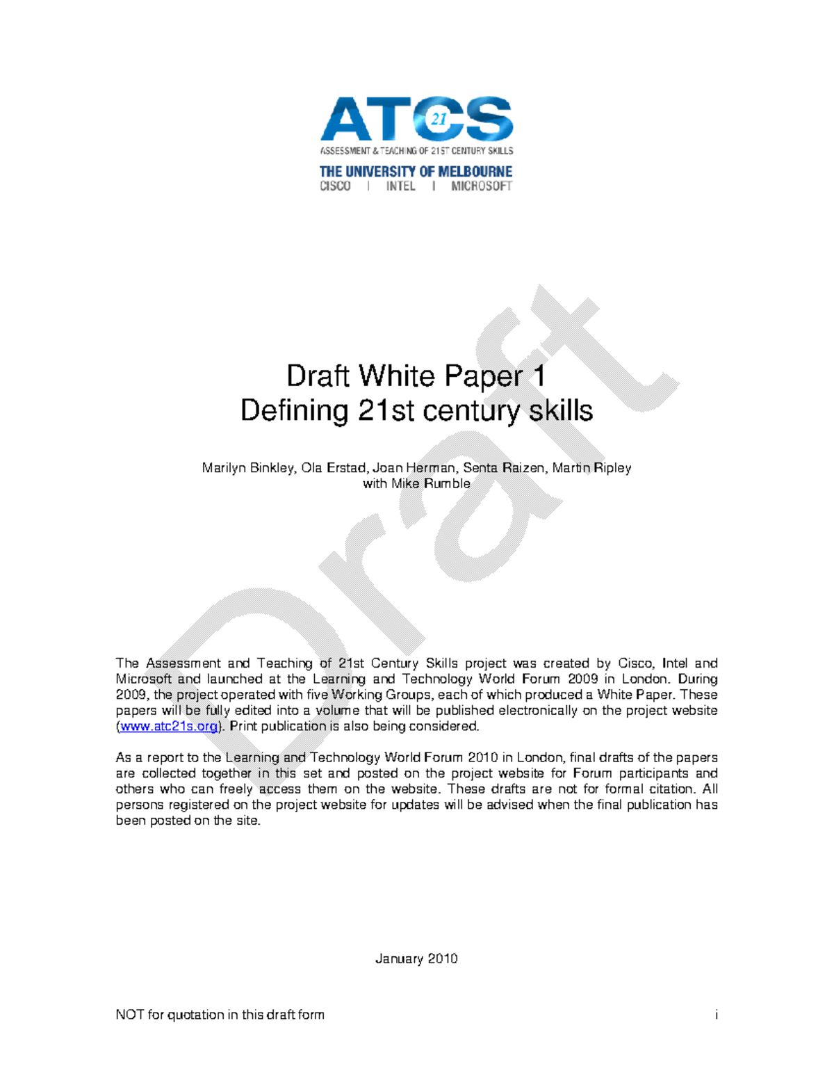 Draft White Paper 1 Defining 21st Centur - During 2009, the project ...