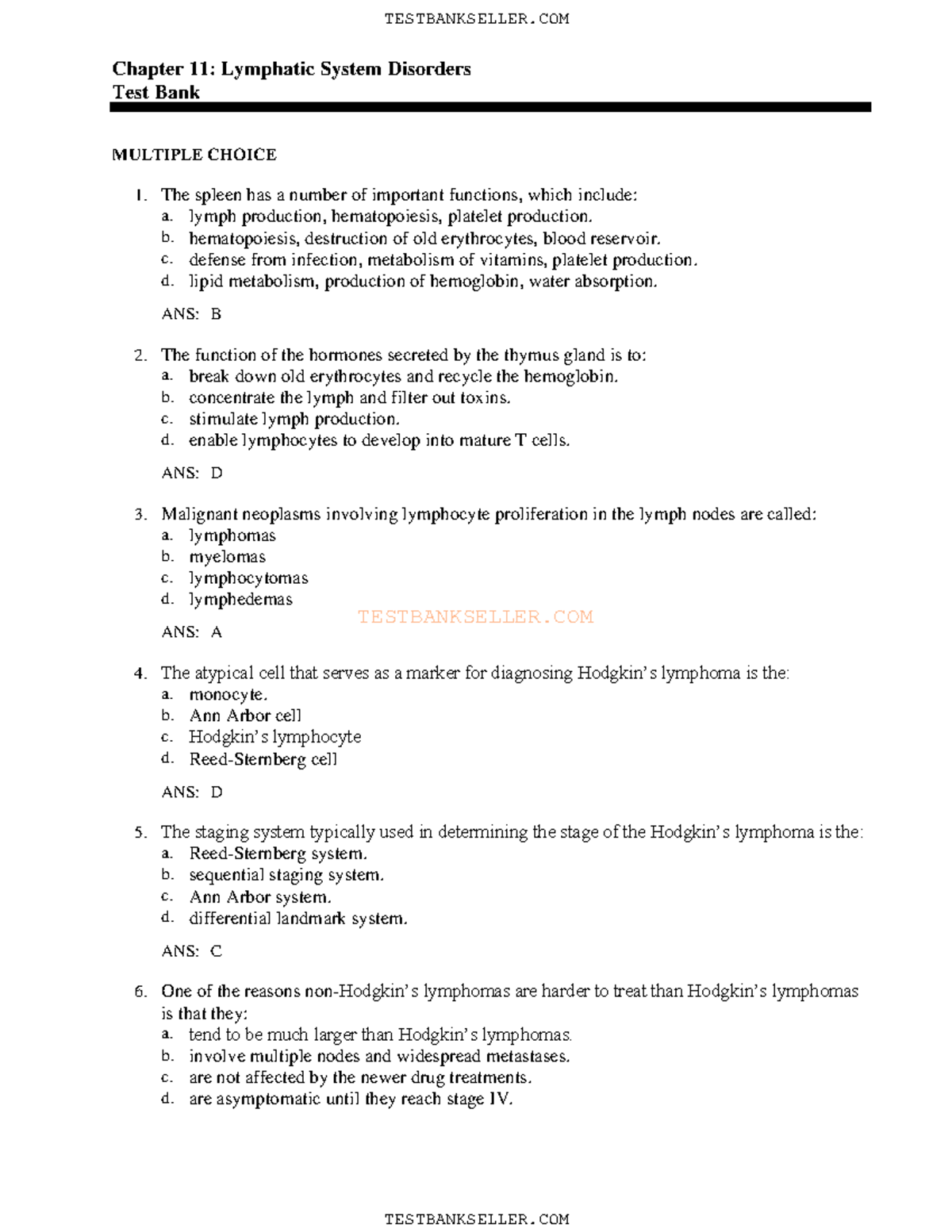 11 - med surg - TESTBANKSELLER Chapter 11: Lymphatic System Disorders ...