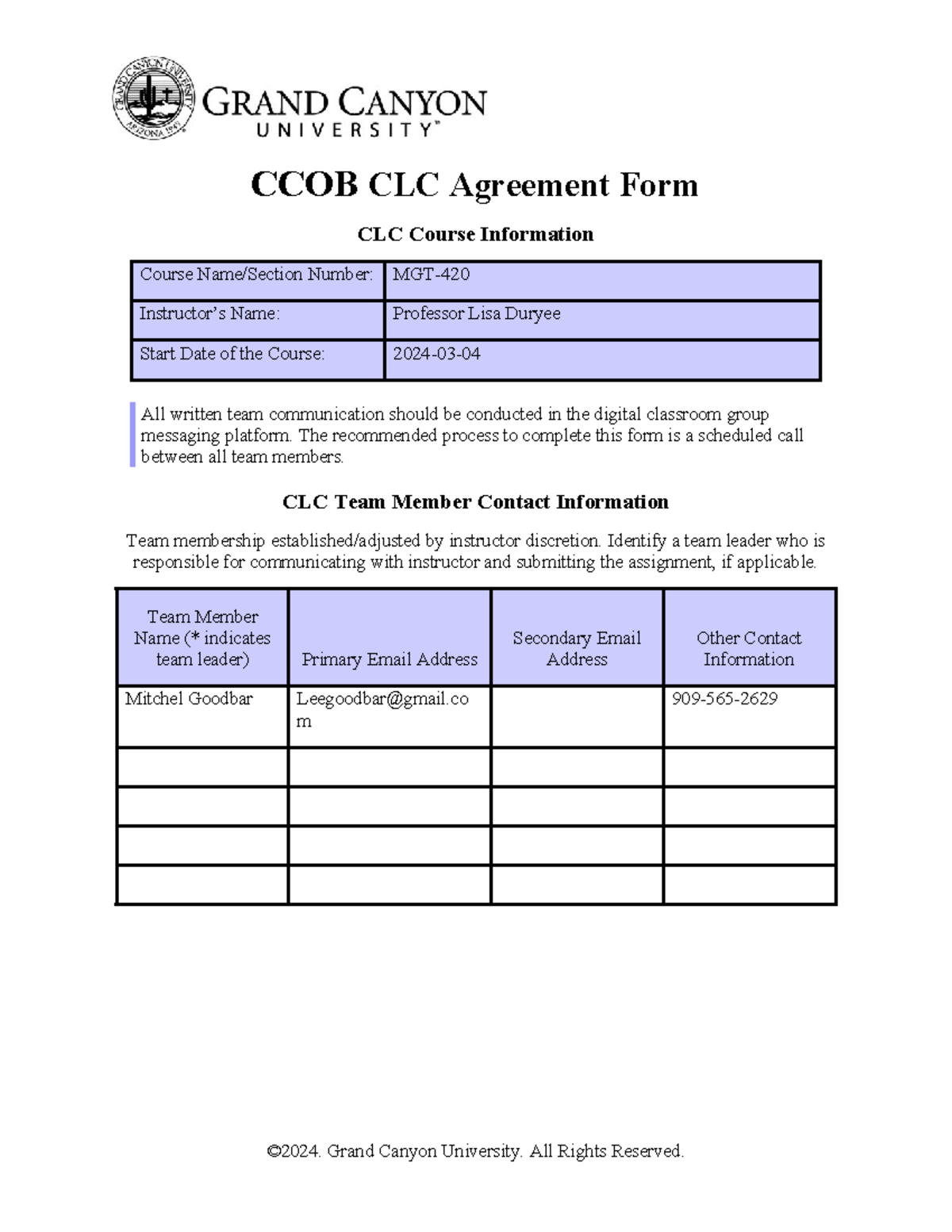 MGT 420 CCOB CLC Agreement Form - CCOB CLC Agreement Form CLC Course Information Course Name ...