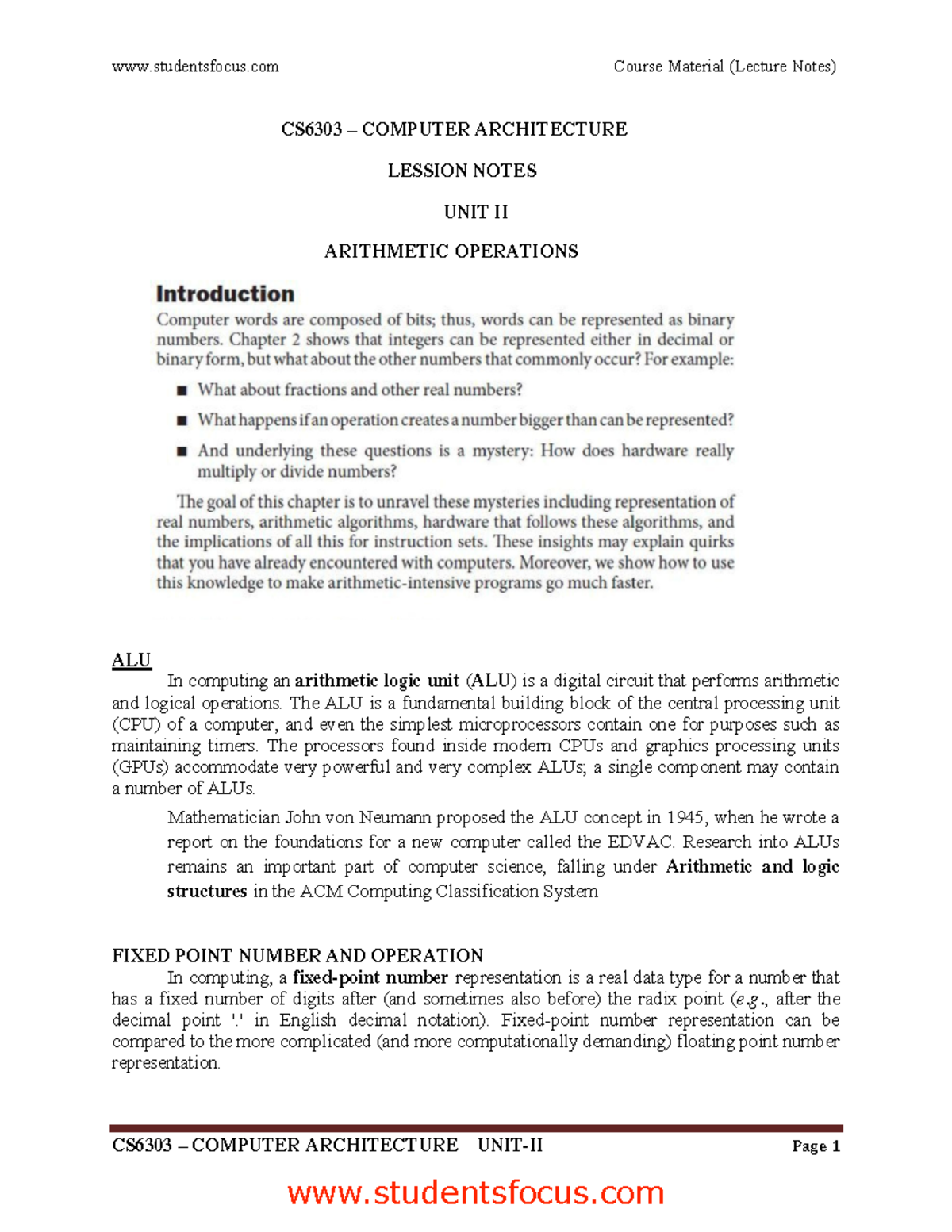 Arithmetic operations - Course Material (Lecture Notes) CS6303 ...