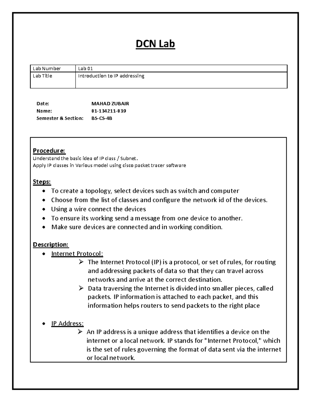 LAB 2 - DCN LABS for other notes - DCN Lab Date: MAHAD ZUBAIR Name: 01 ...
