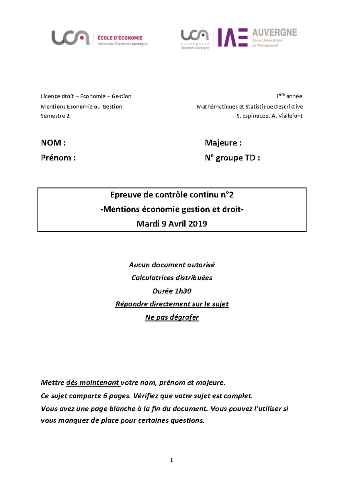 CC2 2019 corrig Ã© - Licence droit – Economie – Gestion 1 ère année Mentions Economie ou Gestion ...