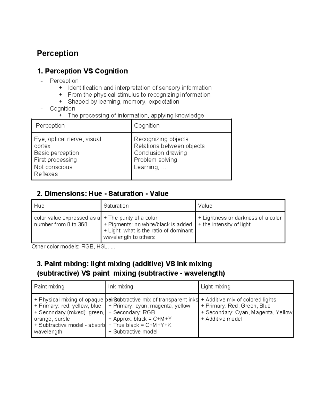 Final note - Perception 1. Perception VS Cognition Perception ...