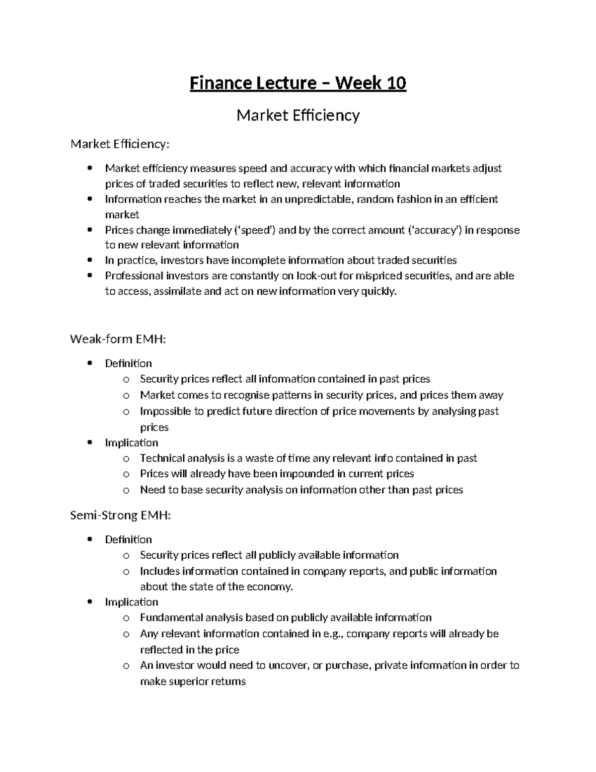 Finance Week 10 - Market Efficiency - Finance Lecture – Week 10 Market ...