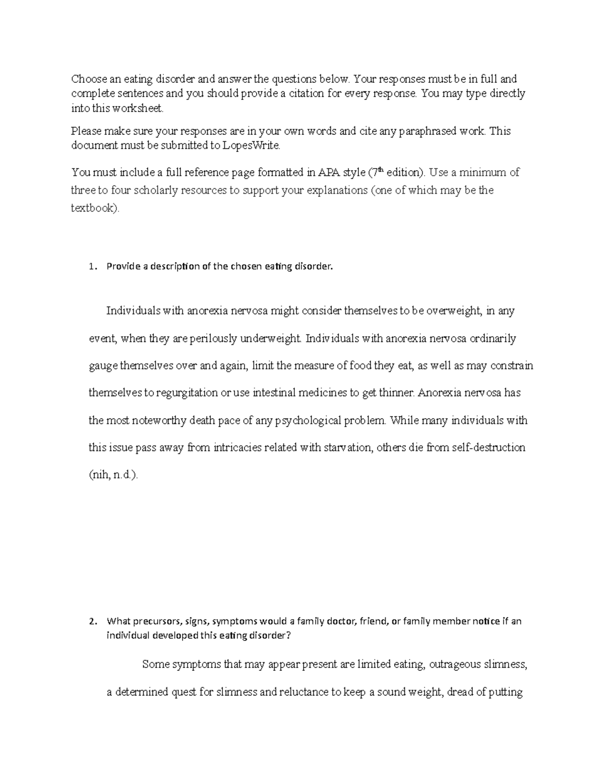 Eating disorder worksheet - Choose an eating disorder and answer the ...