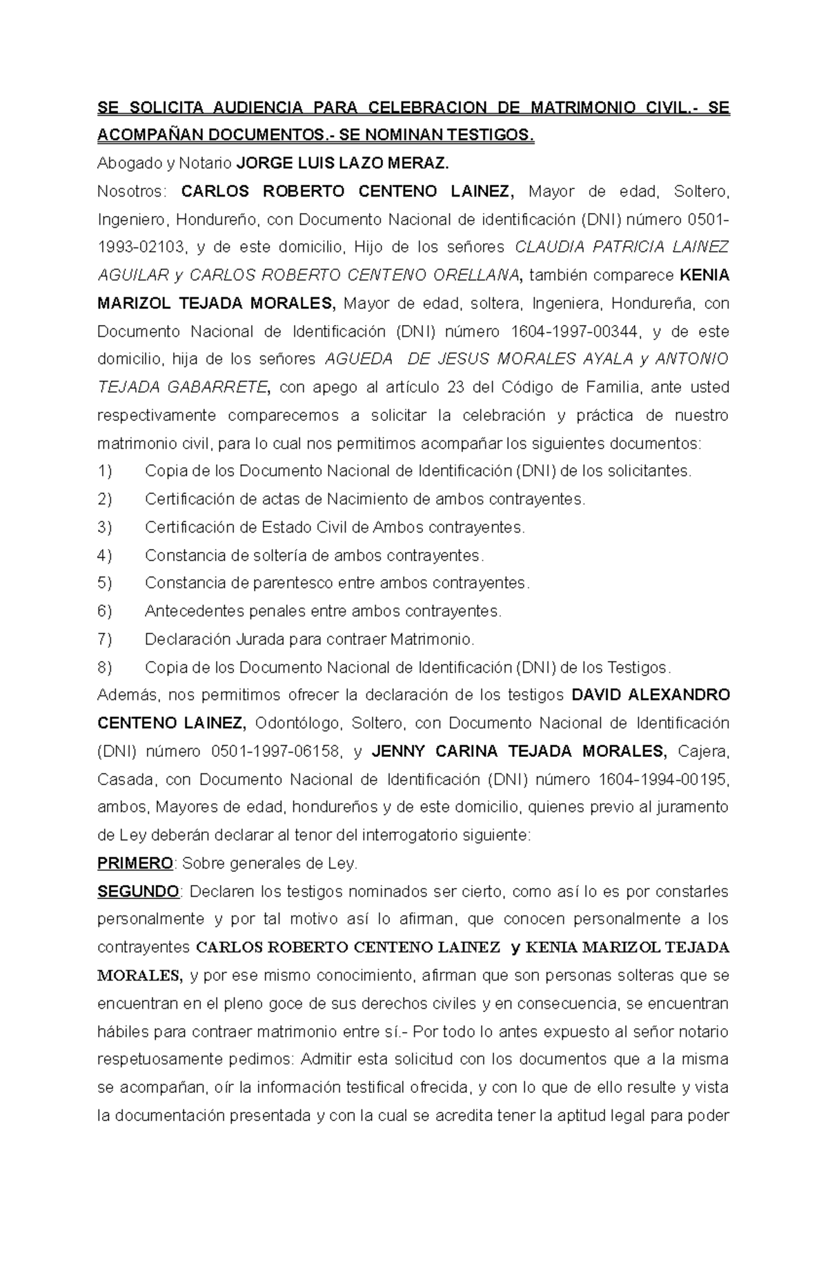 Matrimonio.- Kenia Tejada Y Carlos Centeno - SE SOLICITA AUDIENCIA PARA ...
