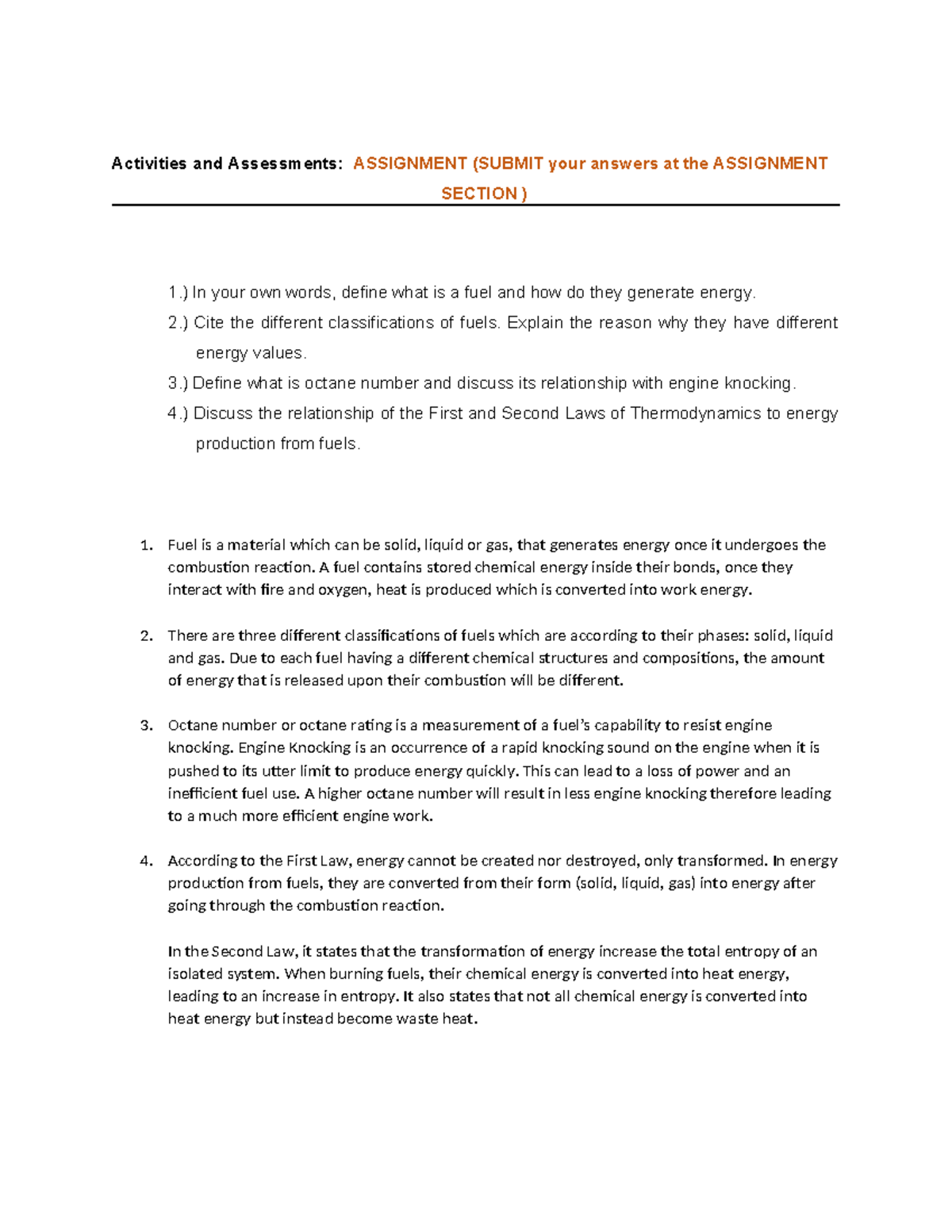 Assessments Lesson 02 Fuels and Energy Unit 01 - Activities and ...