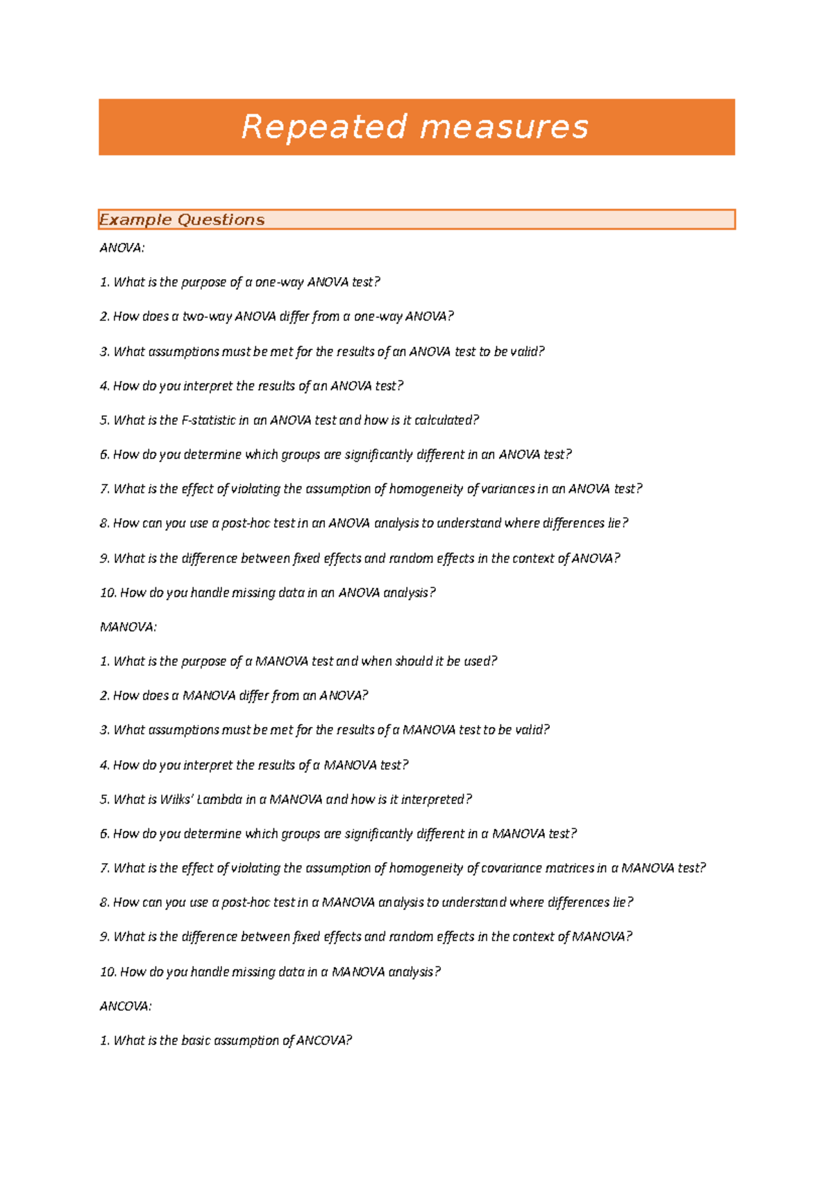 Example question RM - Repeated measures Example Questions ANOVA: 1 ...