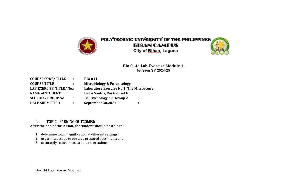 Bio 014 Lab Ex Module 1 - Bio 014: Lab Exercise Module 1 1st Sem SY ...