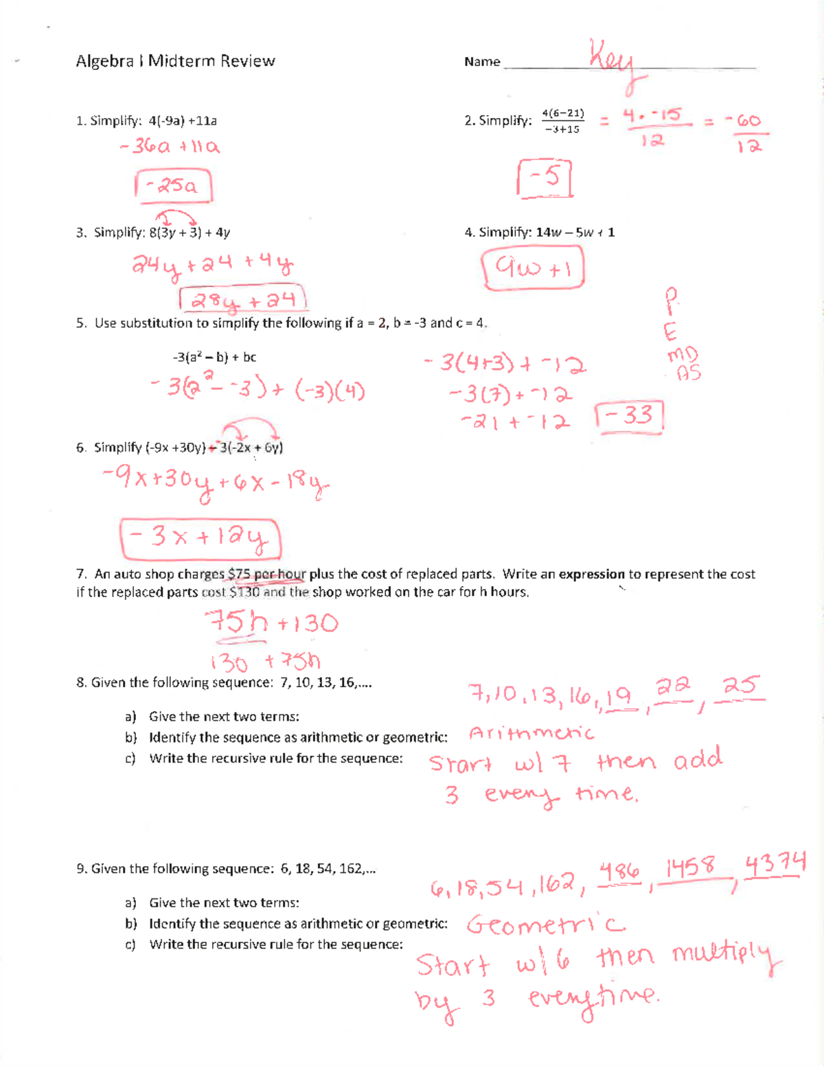 Algebra Midterm Review Solutions 2022-2023 - Algebra I Midterm Review Name Key 1. Simplify: 2 ...