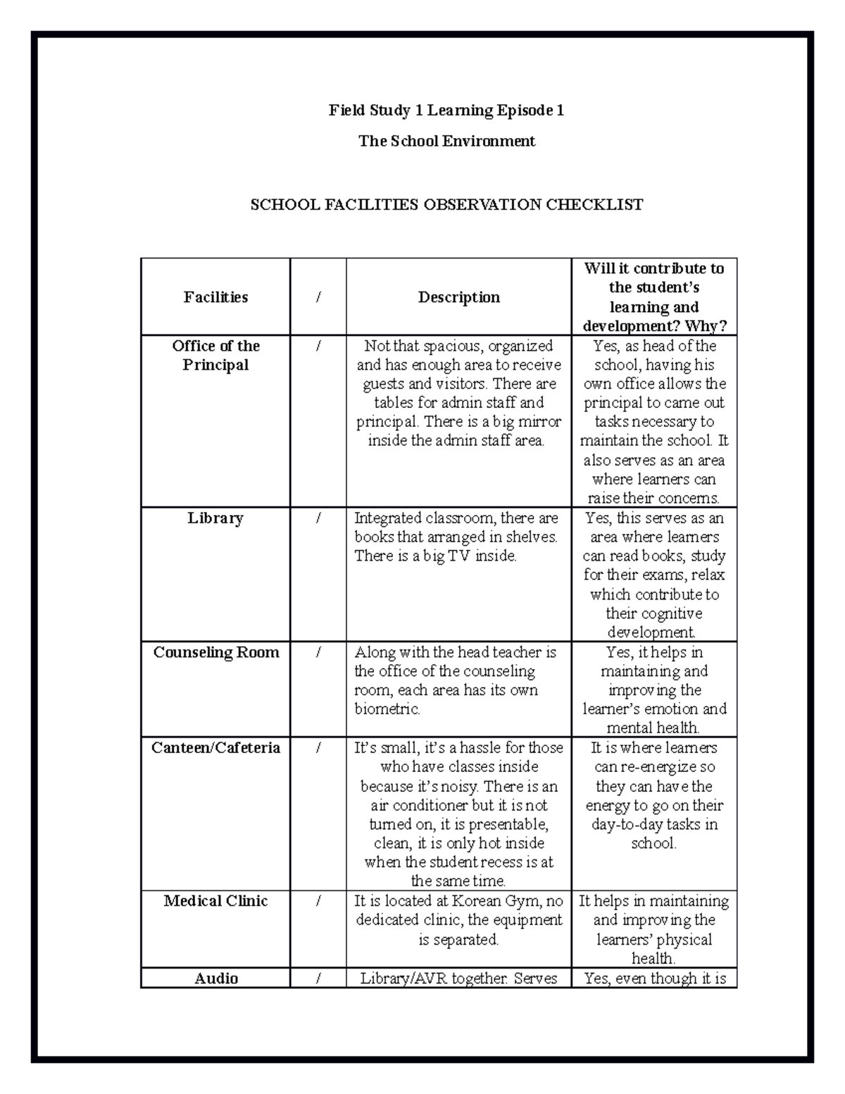 FS 1 EP1 1 - FIELD STUDY - Field Study 1 Learning Episode 1 The School ...