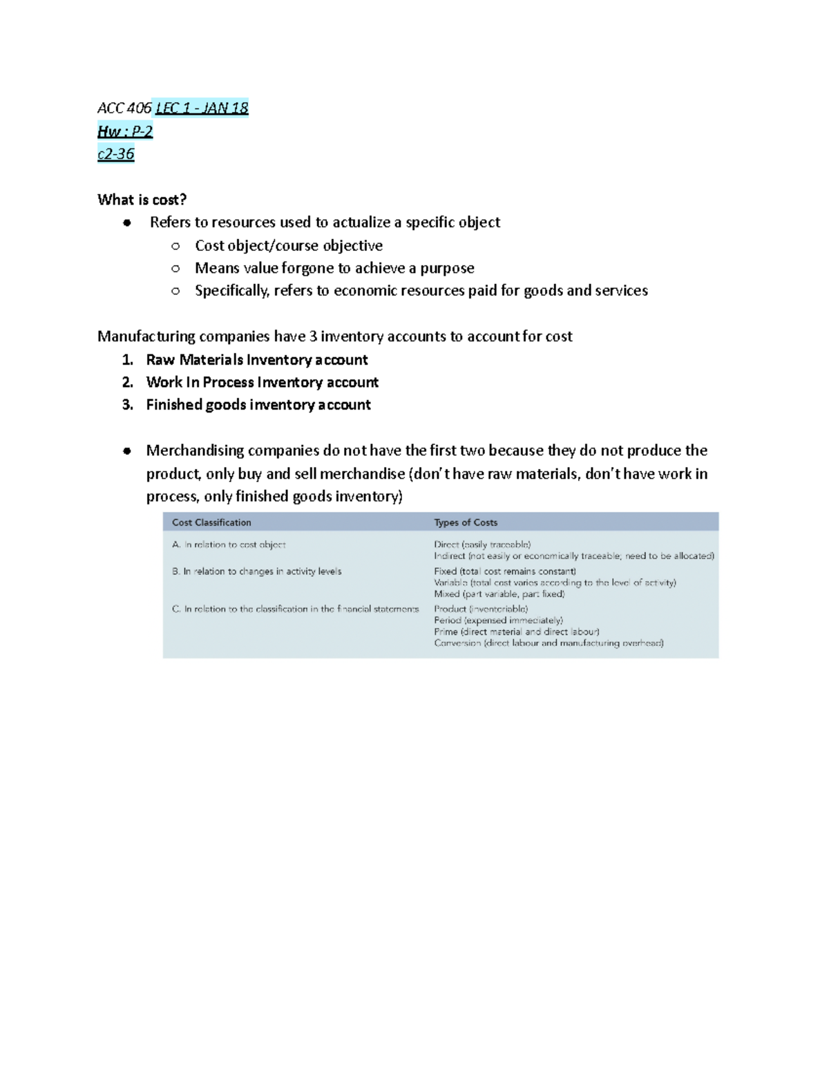 Acc 406 Lecture Notes Acc 406 Lec 1 Jan 18 Hw P C2 What Is