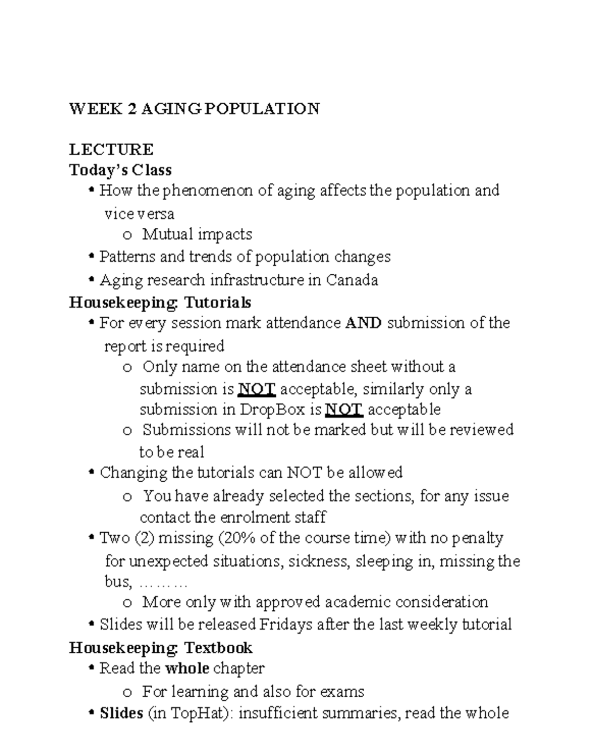 2 Aging Population - notes - WEEK 2 AGING POPULATION LECTURE Today’s ...