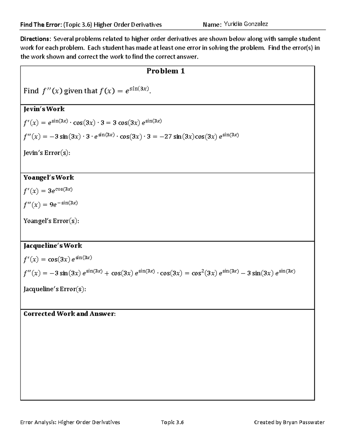 Yuridia Gonzalez - Find the Error - Topic 3.6 Higher Order Derivatives ...