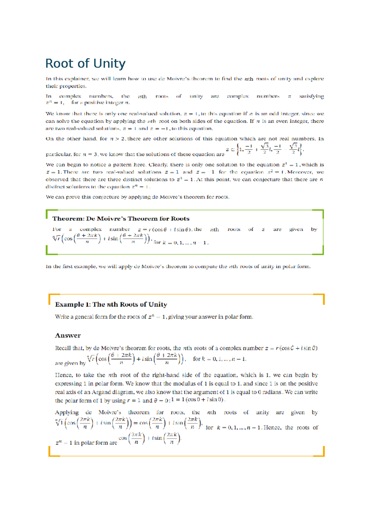 Roots Of Unity Explainer - Root of Unity In this explainer, we will learn how to use de theorem ...