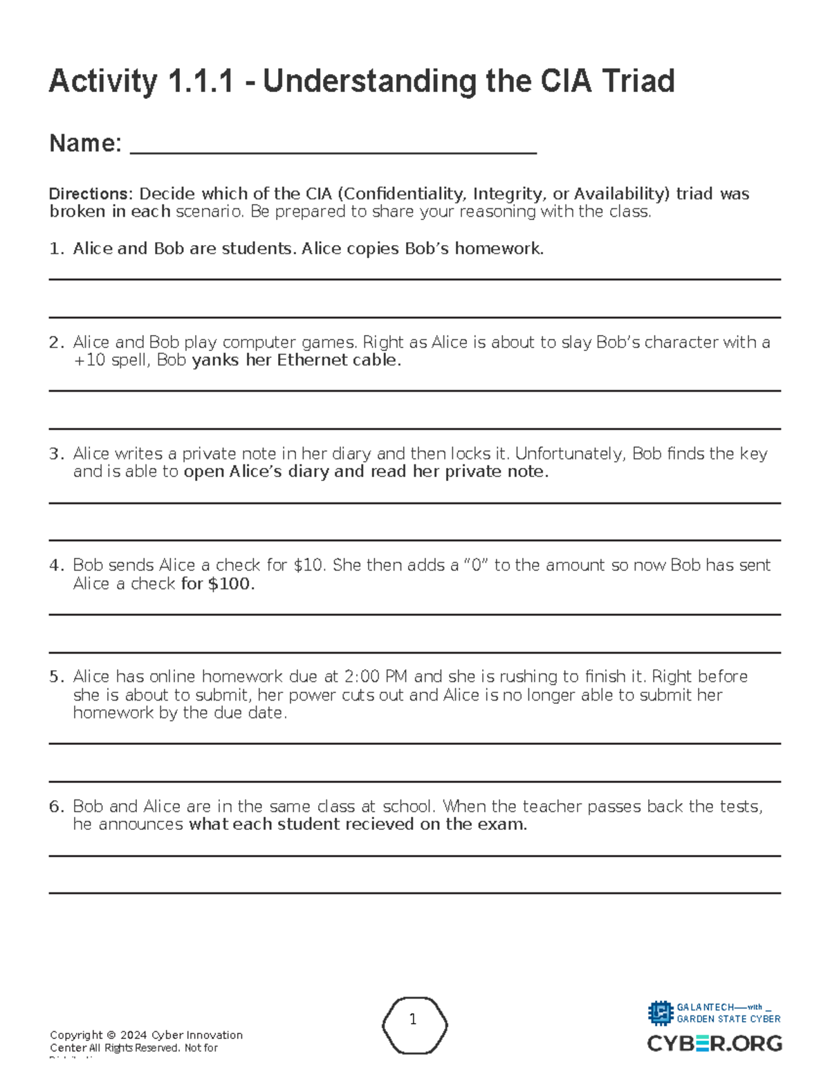 Activity 1.1.1 - CIA Triad Scenarios Worksheet - GALANTECH with 1 ...
