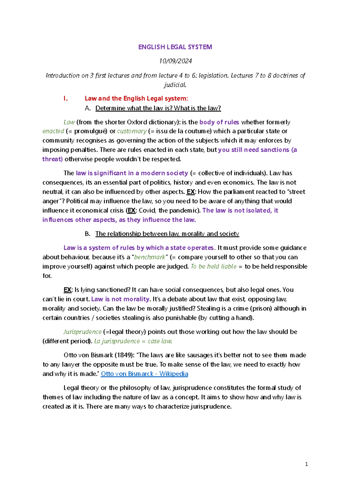 English Legal System - First 5 lectures of ELS. - 1 ENGLISH LEGAL SYSTEM 10/09/ Introduction on ...