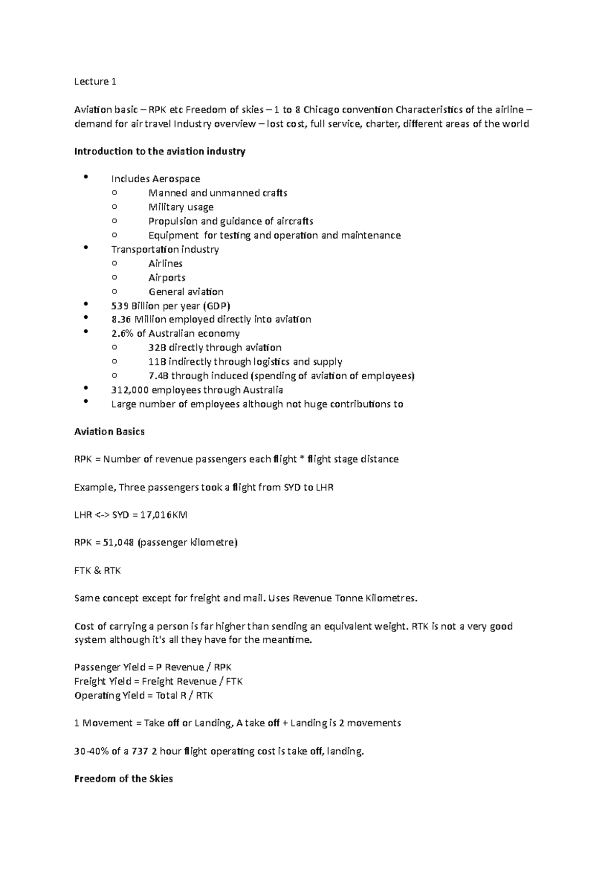 Notes AVA 10005 - Lecture 1 Aviation basic – RPK etc Freedom of skies ...
