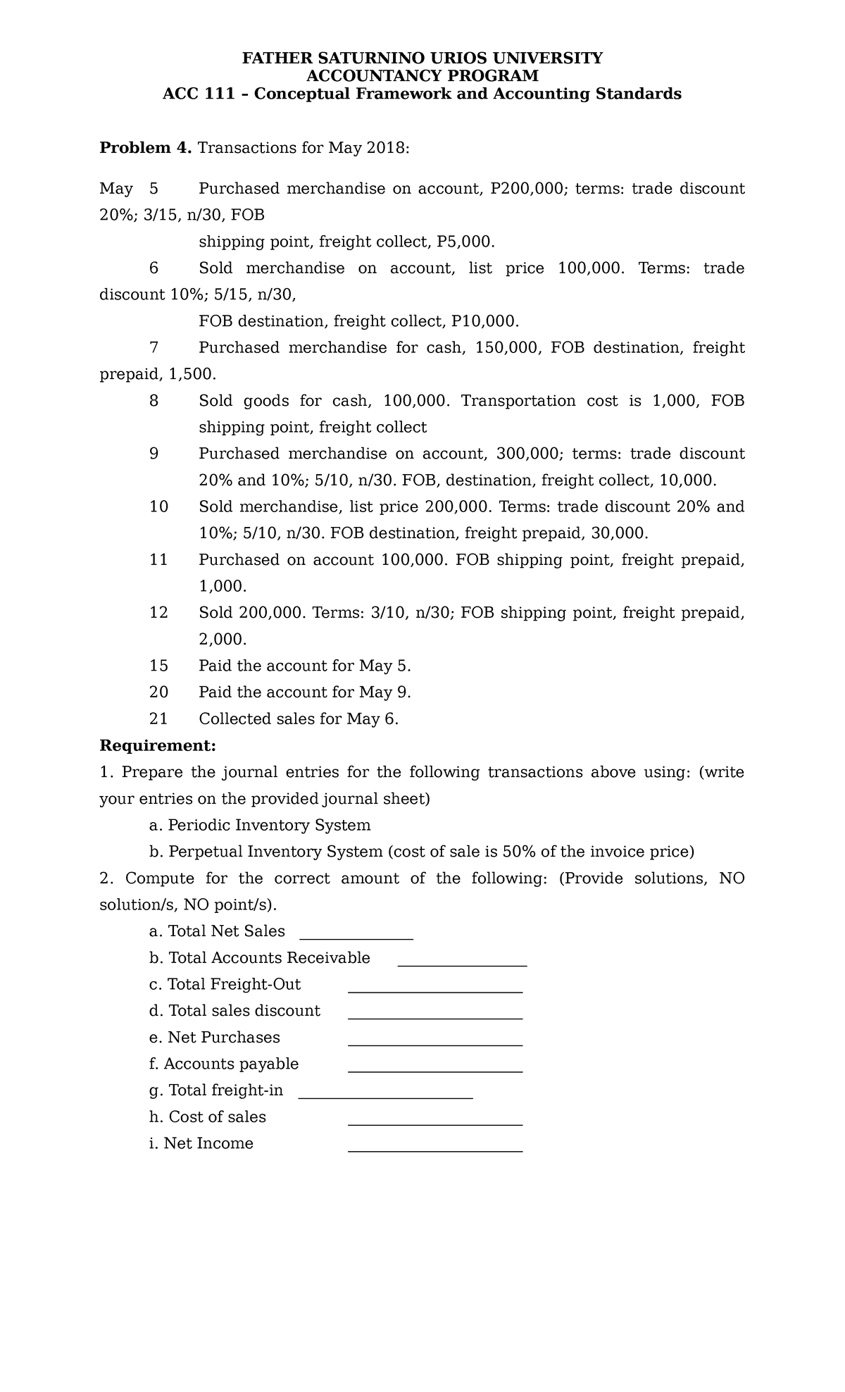 Merchandising Journal Entries - FATHER SATURNINO URIOS UNIVERSITY ...