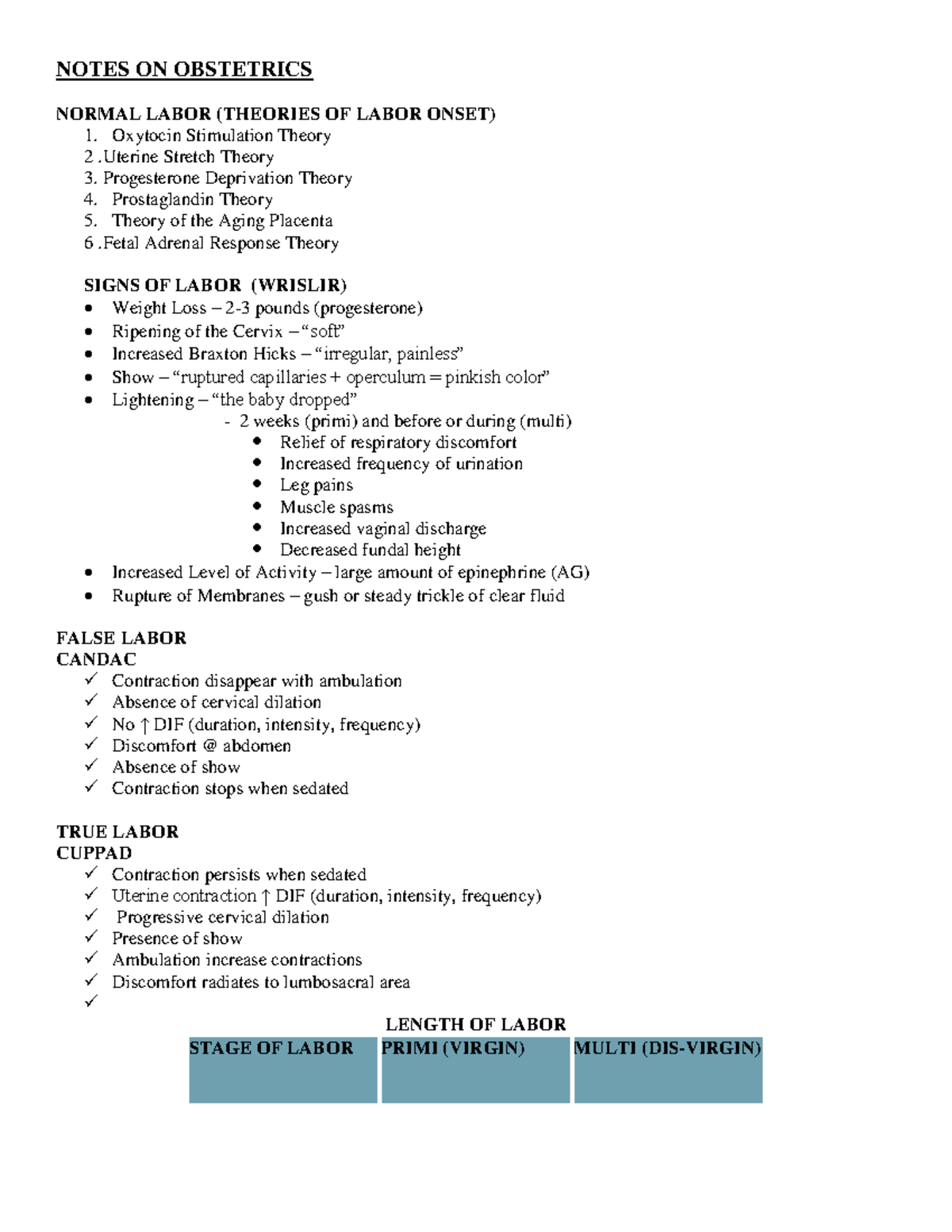 Obstetric-Abnormals - NOTES ON OBSTETRICS NORMAL LABOR (THEORIES OF ...