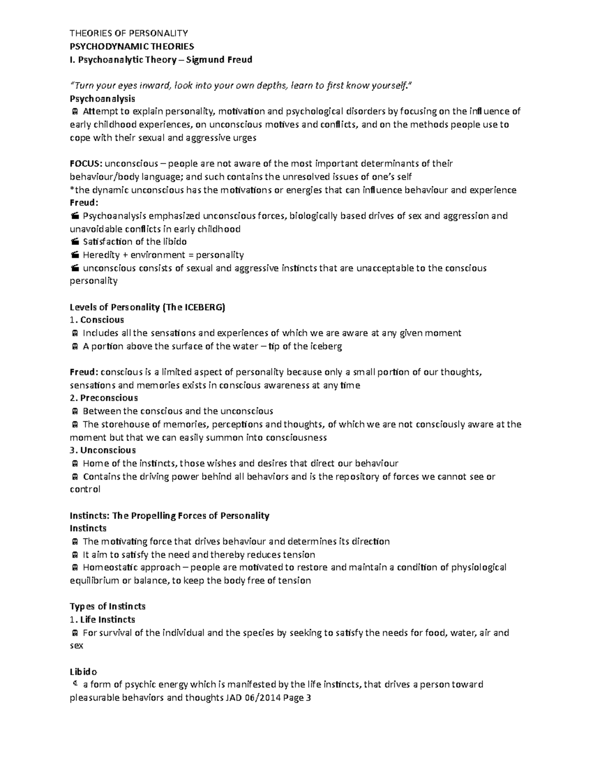 Summarized - THEORIES OF PERSONALITY PSYCHODYNAMIC THEORIES I ...