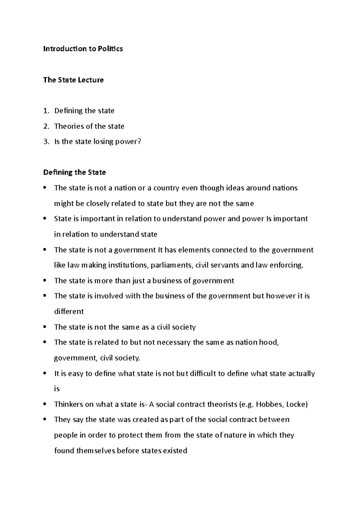 The State Lecture - Notes - Introduction to Politics The State Lecture ...