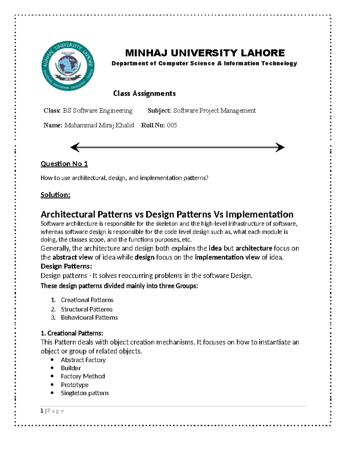 Spm1 - Chill - MINHAJ UNIVERSITY LAHORE Department of Computer Science ...