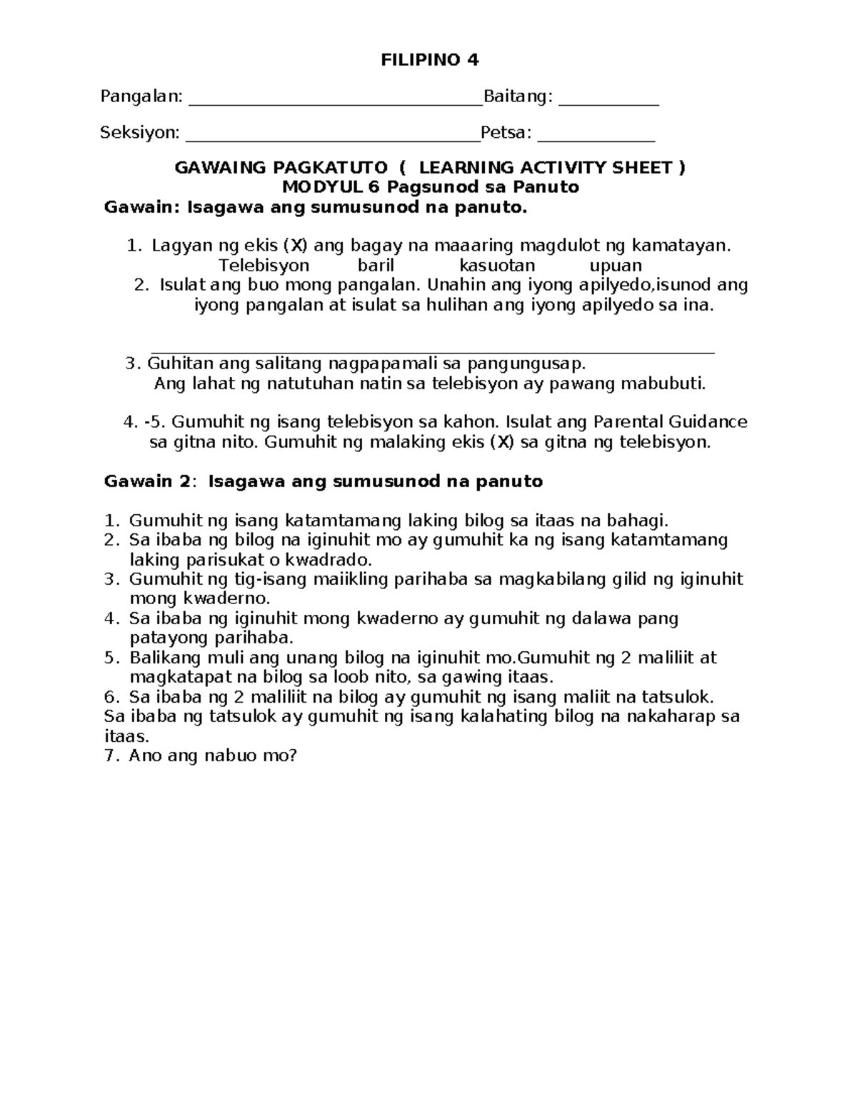 Learning Activity Pagsunod sa Panuto - FILIPINO 4 Pangalan: - Studocu