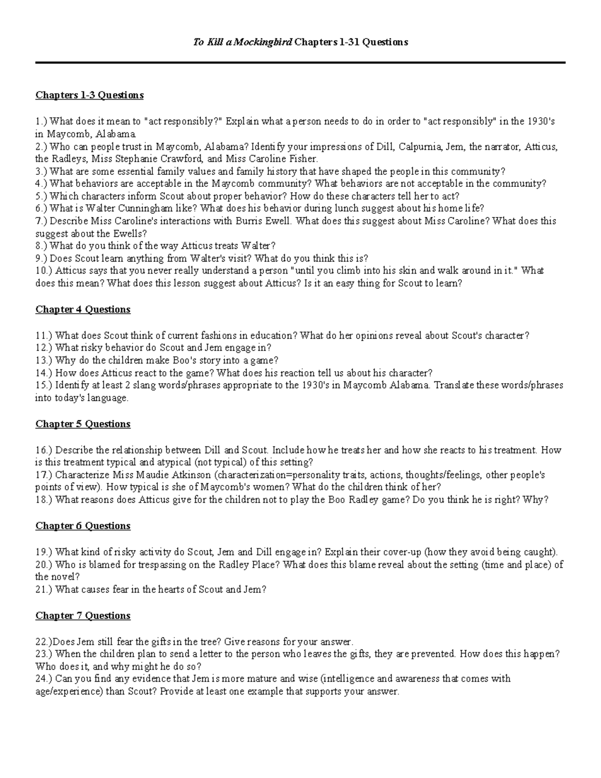 Discussion questions by chapter to kill a mockingbird - To Kill a ...