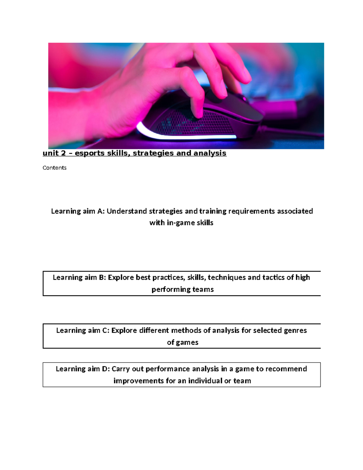 Unit 2 – esports skills - electronic sports studies assignment - unit 2 ...