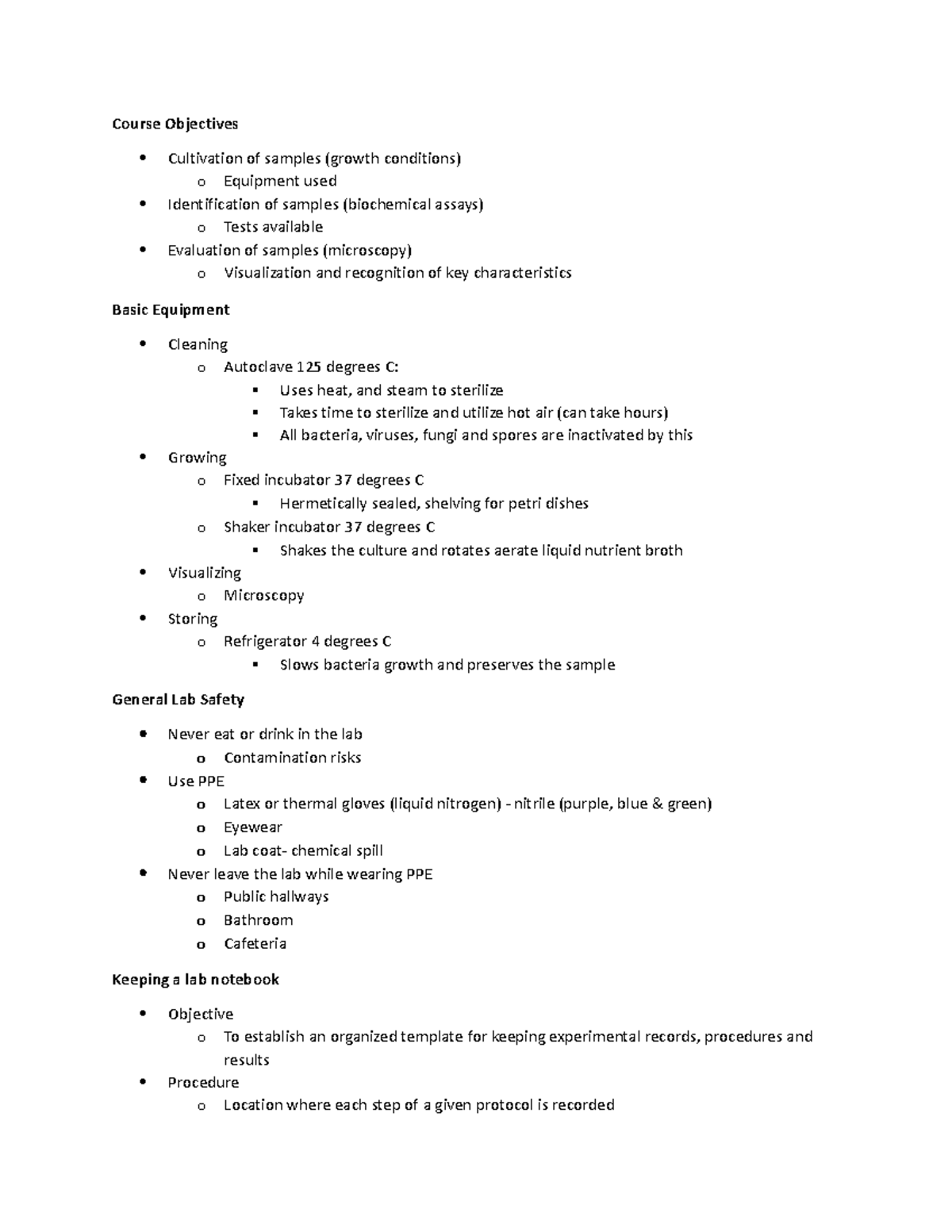 Lab 1 notebook - Course Objectives Cultivation of samples (growth ...