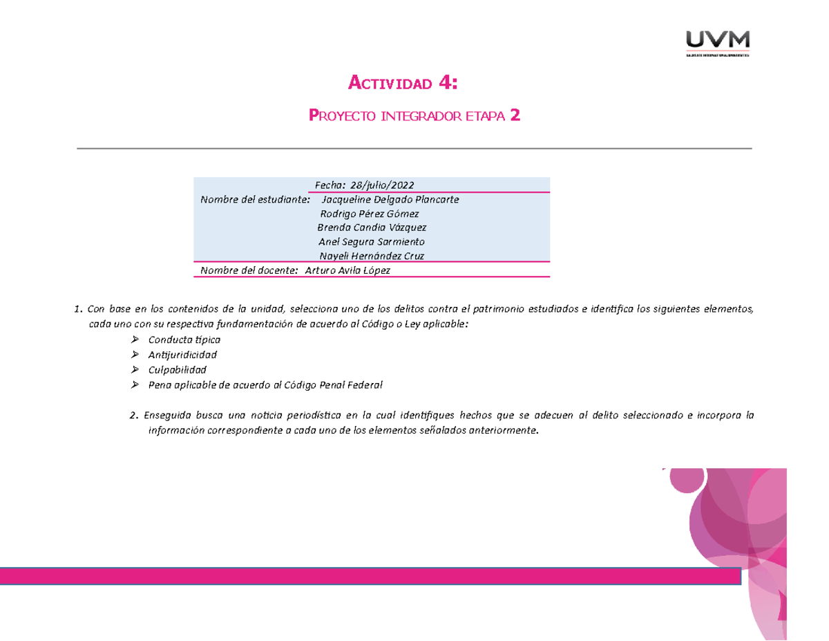 A4 EQ2 - Proyecto integrador Etapa 2 - ACTIVIDAD 4: PROYECTO INTEGRADOR ETAPA 2 Fecha: 28/julio ...